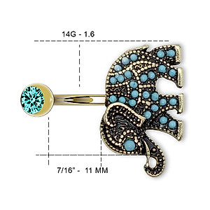 Pierce2GO Tribal Gold Elephant Belly Button Ring - 316L Surgical Grade Stainless-Steel Belly Button Rings Studded with Faux Blue Pearls - Belly Piercings Navel Ring for Women