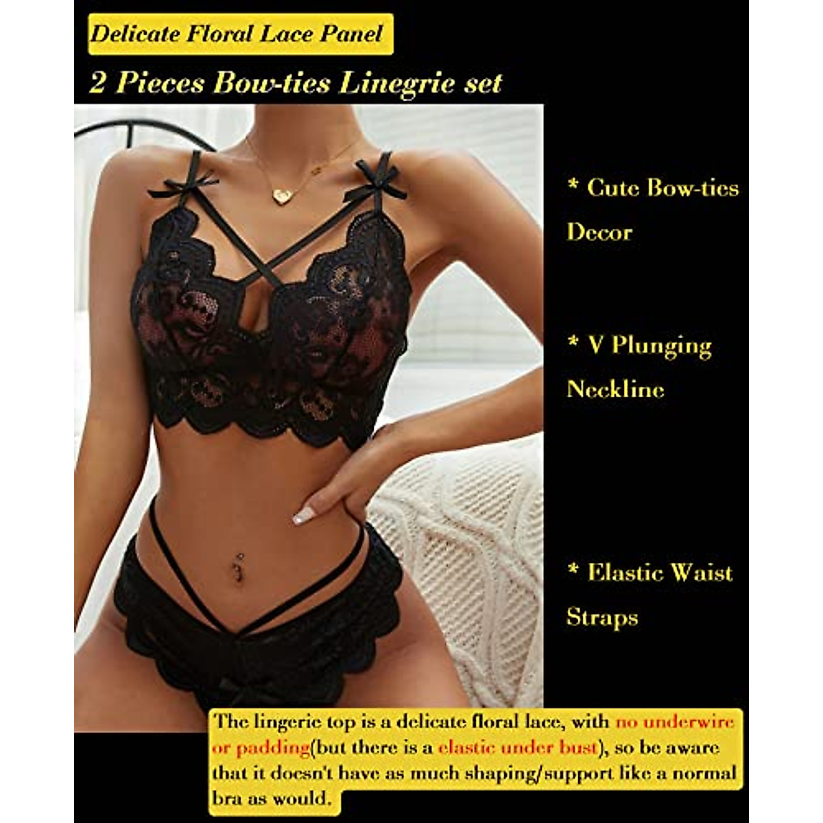 Namifin Women Sexy Lingerie Set Two Piece Lace Bra and Panty Set Bralette Sleepwear Black X-Large