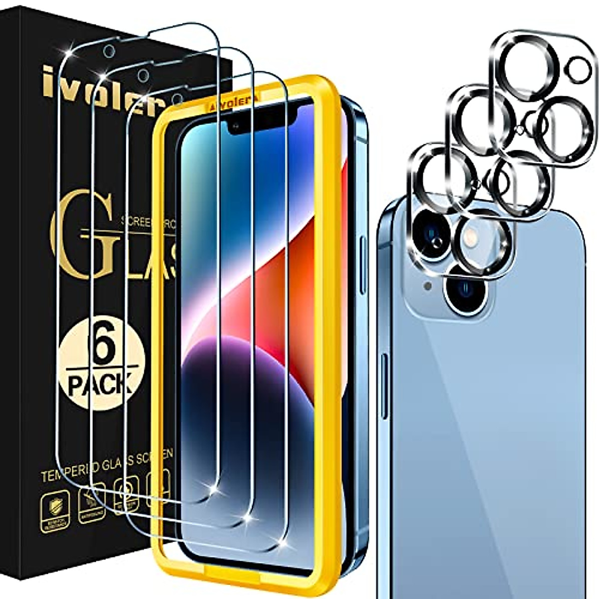 ivoler [3+3 Pack] Tempered Glass for iPhone 14 Plus 6.7" [3 Pack] with [3 Pack] Camera Lens Screen Protector with [Alignment Frame], Anti-Scratch Case Friendly Transparent HD Clear Film