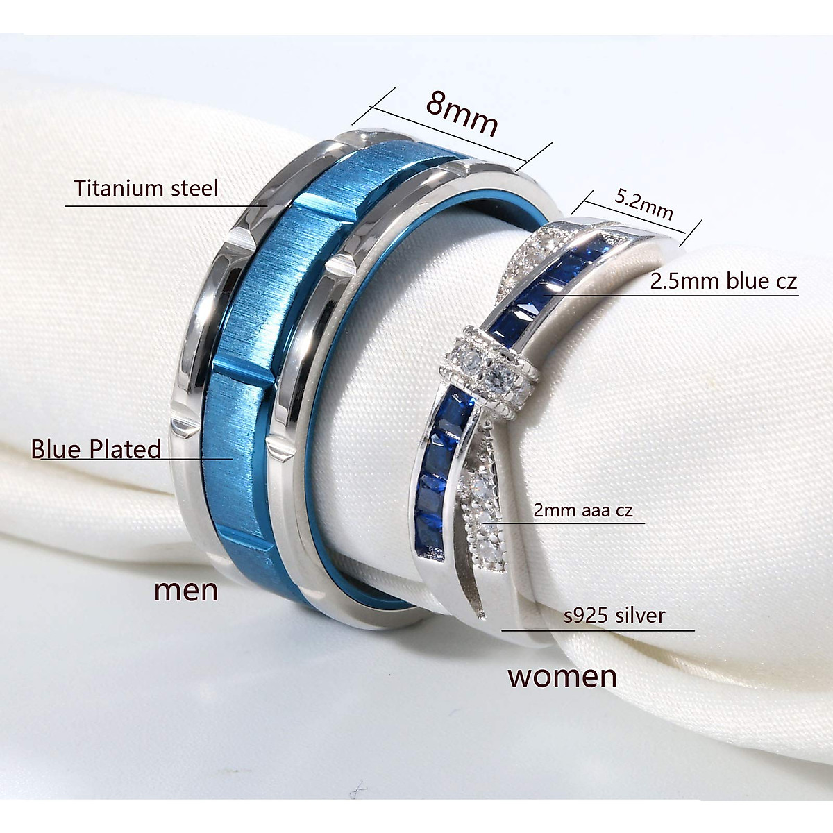 ringheart 2 Rings Couple Rings Bridal Sets Silver Ring Blue Cz Womens Wedding Ring Titanium Steel Man Wedding Bands