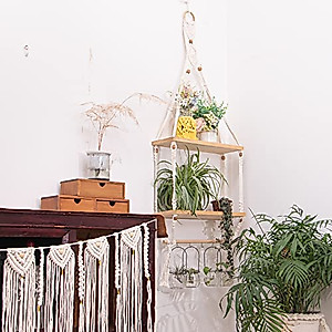TENEWEE Floating Wall Shelves Boho Macrame Hanging Bedroom Living Room 2tier Shelf