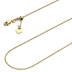 14k REAL Yellow Gold Solid 1mm Cable Link Length Adjustable Chain Necklace with Lobster Claw Clasp - 20"