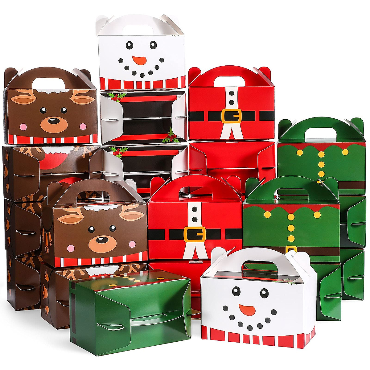 Christmas Treat Boxes, 24 Pieces Plaid Santa Elf Snowman Elk Gingerbread Xmas Cardboard Present Candy Cookie Boxes with Handles, Holiday Party Favor Supplies, 4 Designs (Cute Style)