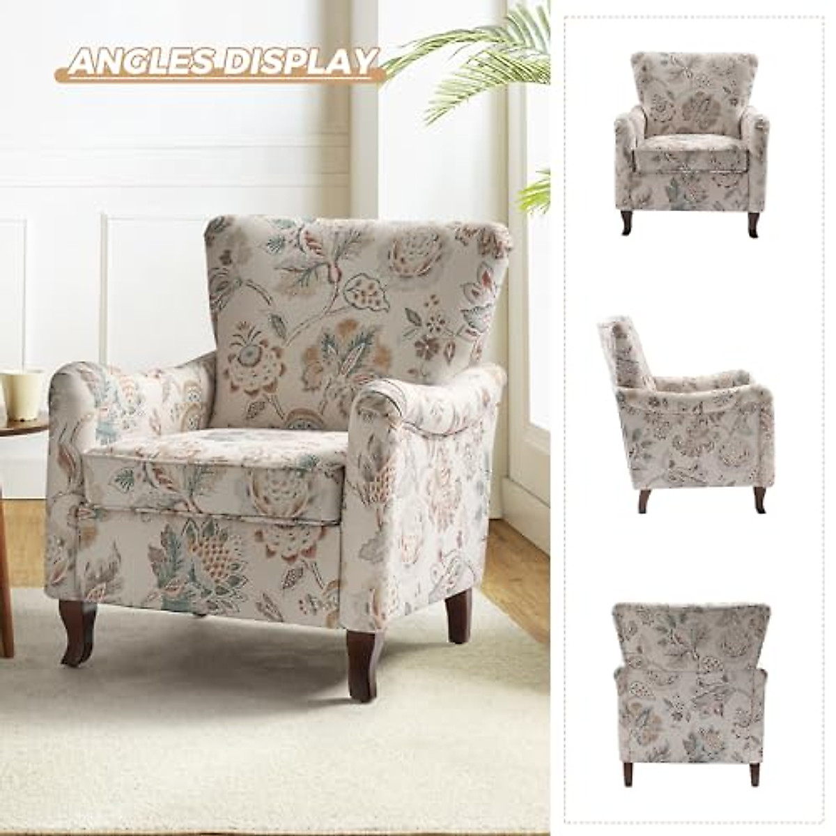 HULALA HOME Floral Accent Chair, Modern High Back Armchair with Wooden Legs, Comfy Wingback Chair Upholstered Accent Single Sofa Chair for Living Room & Bedroom, Jeacobean