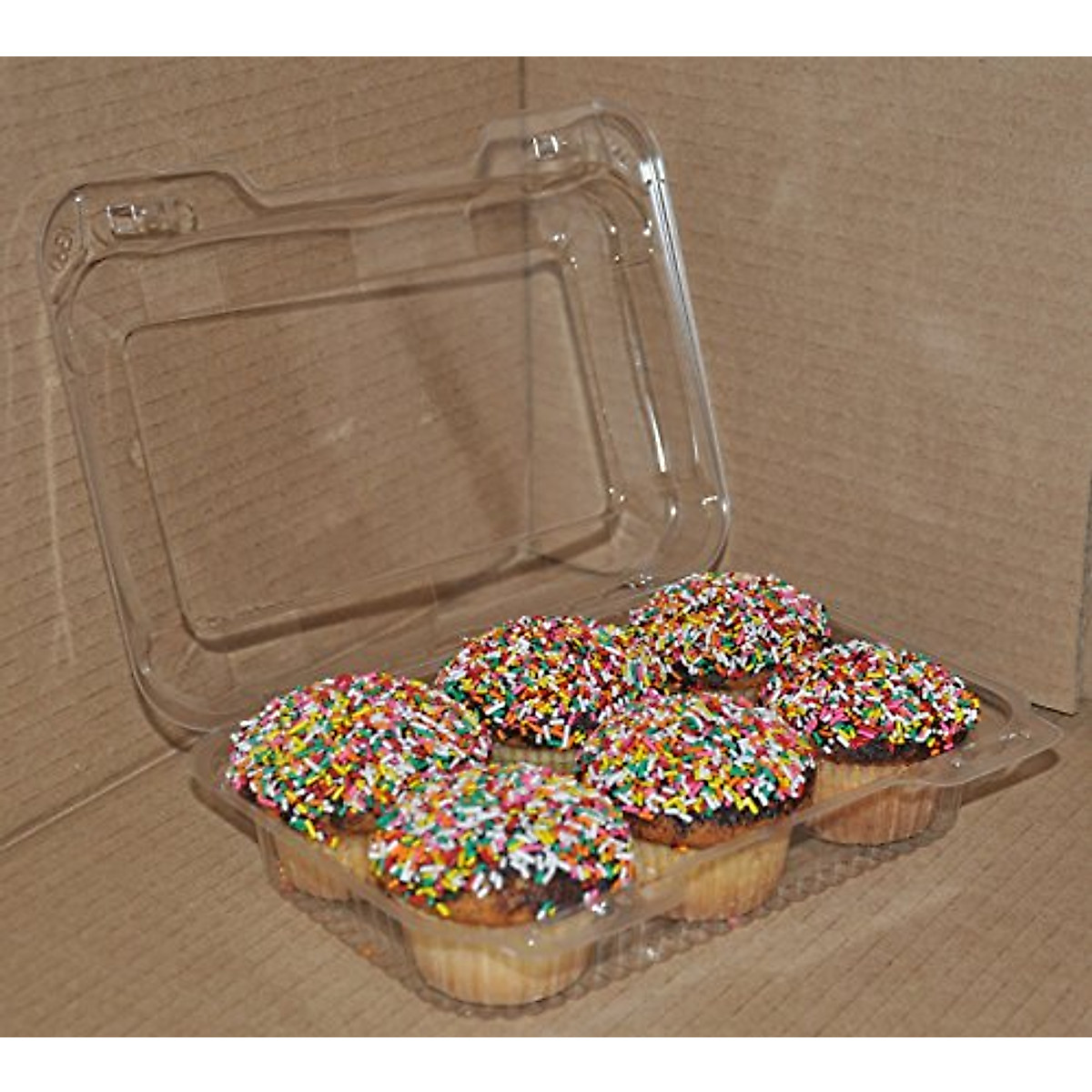 Mr Miracle 6 Compartment for Standard Cupcakes or Small Muffins. Clear Clamshell Container. Cupcake Slots are 2.5 x 2.5 inches. Container itself is 2.5 Inches Tall. Pack of 10