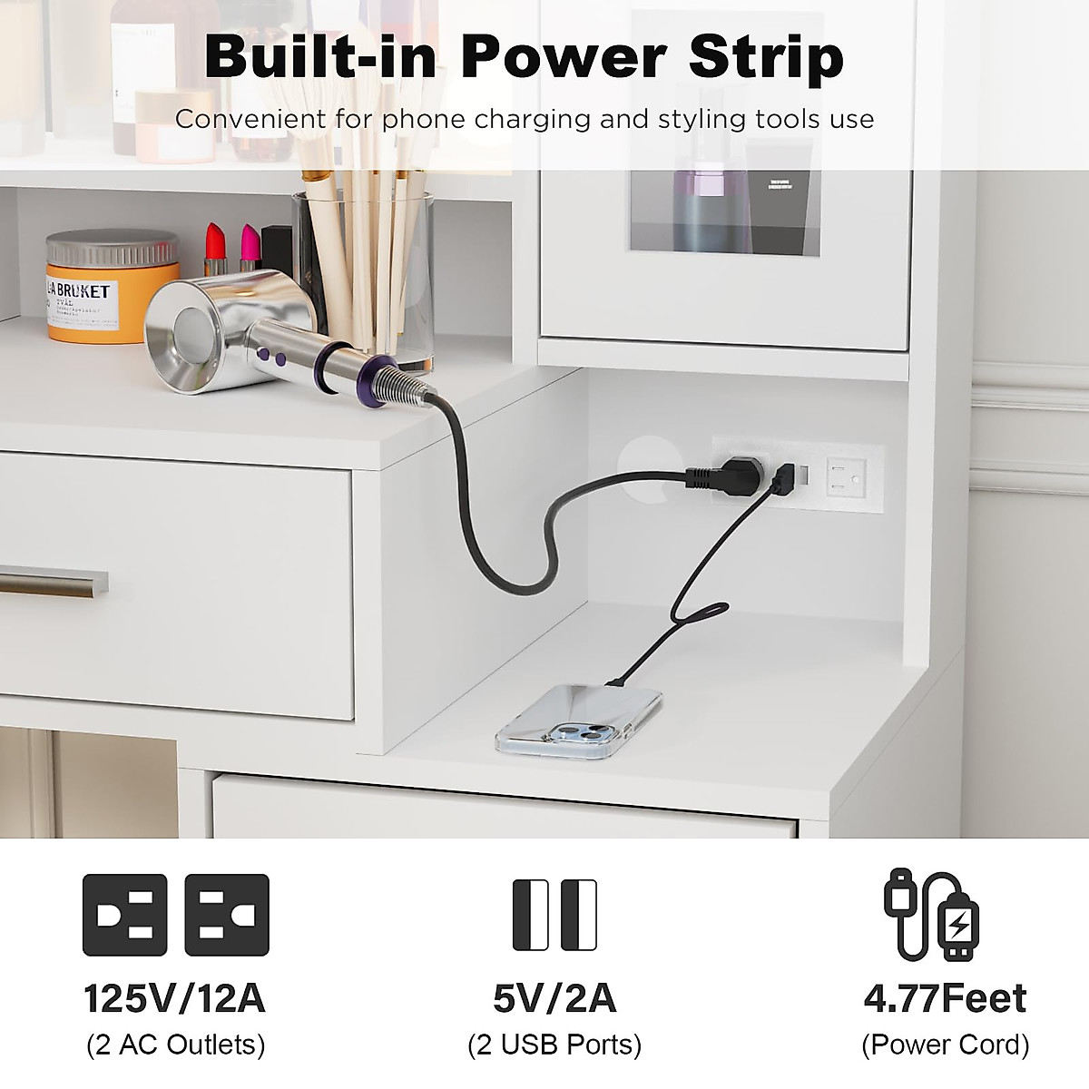 Likein Makeup Vanity with Charging Station, Makeup Vanity Desk with Mirror and Lights, Dressing Table with Nightstand Drawers & Cabinet for Women Girls Bedroom