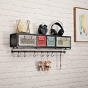 AcozyHom Metal Wall Mounted Coat Rack with Hooks and 4 Drawers, 30.3"(L) x6.7(W) x11.8(H), Home Entryway Wall Hanging Shelf, Iron Storage and Display Organizer for Coats, Hats, Keys, Cups, Colorful