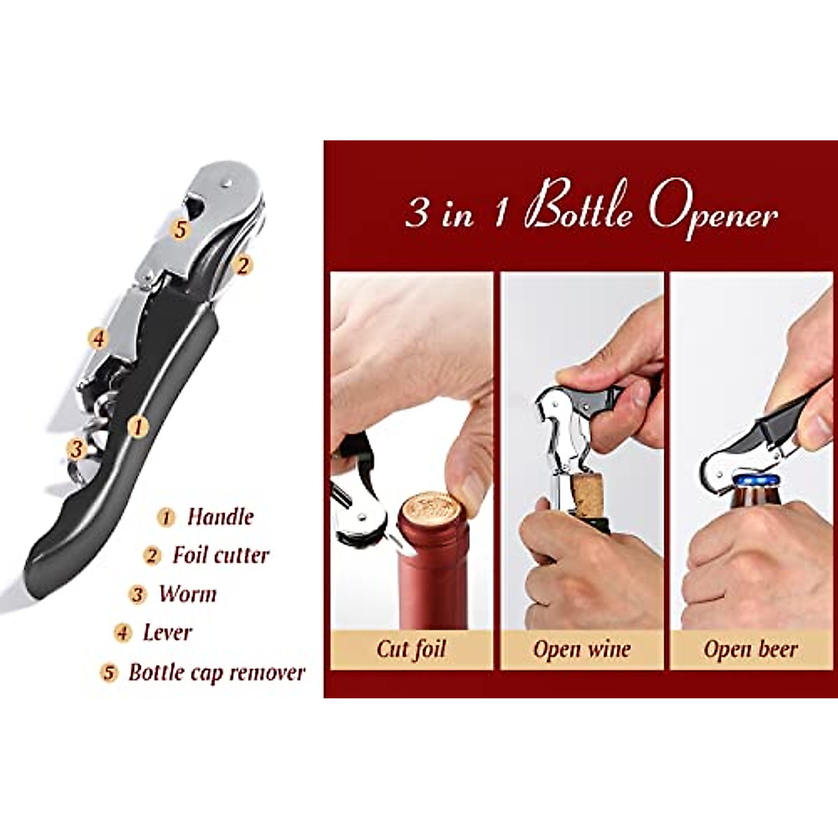 Professional Waiter Corkscrew Wine Openers Set (4 PCS),Upgraded With Heavy Duty Stainless Steel Hinges Wine Key for Restaurant Waiters, Sommelier, Bartenders