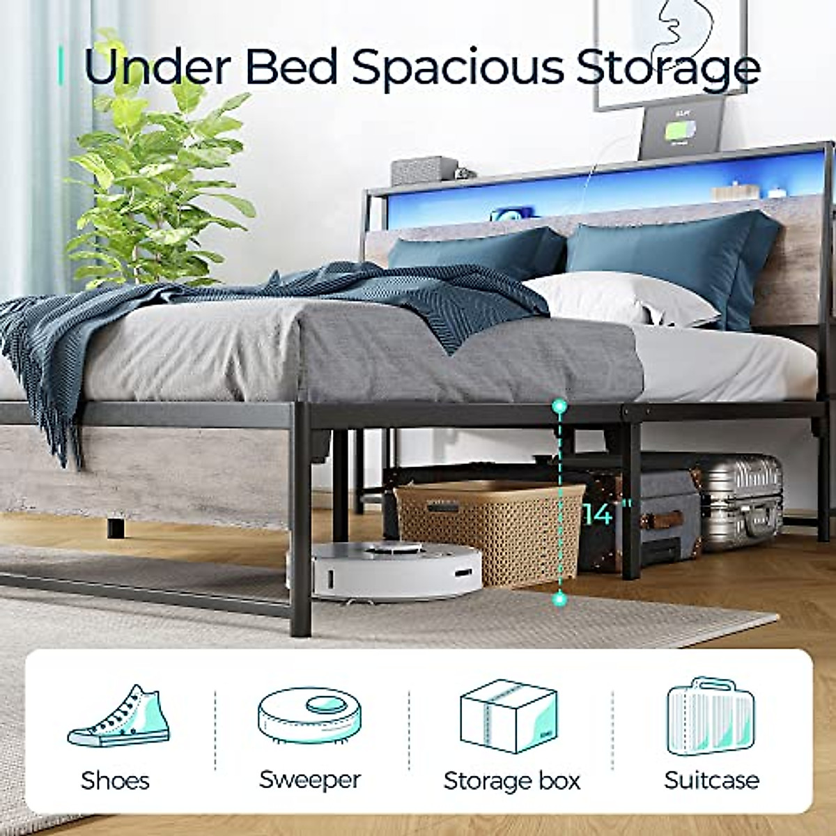 LINSY LIVING Queen Bed Frame with Headboard, Platform Metal Bed Frame with Lights, Outlets & Charger, 45 Minutes Fast Assembly Bed Queen Size with Storage, No Box Spring Needed, Greige