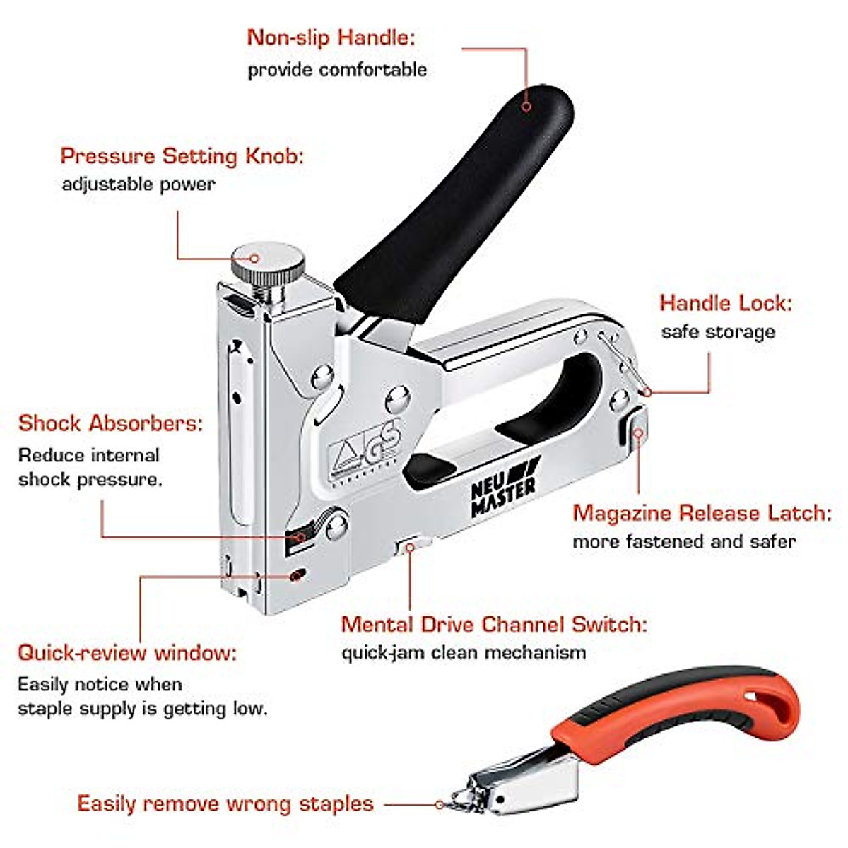 Staple Gun NEU MASTER, 3 in 1 Heavy Duty Staple Gun with Stapler Remover and 2000Pcs Staples, Manual Staple Gun for Upholstery, Fixing Material, Decoration, Carpentry, Furniture