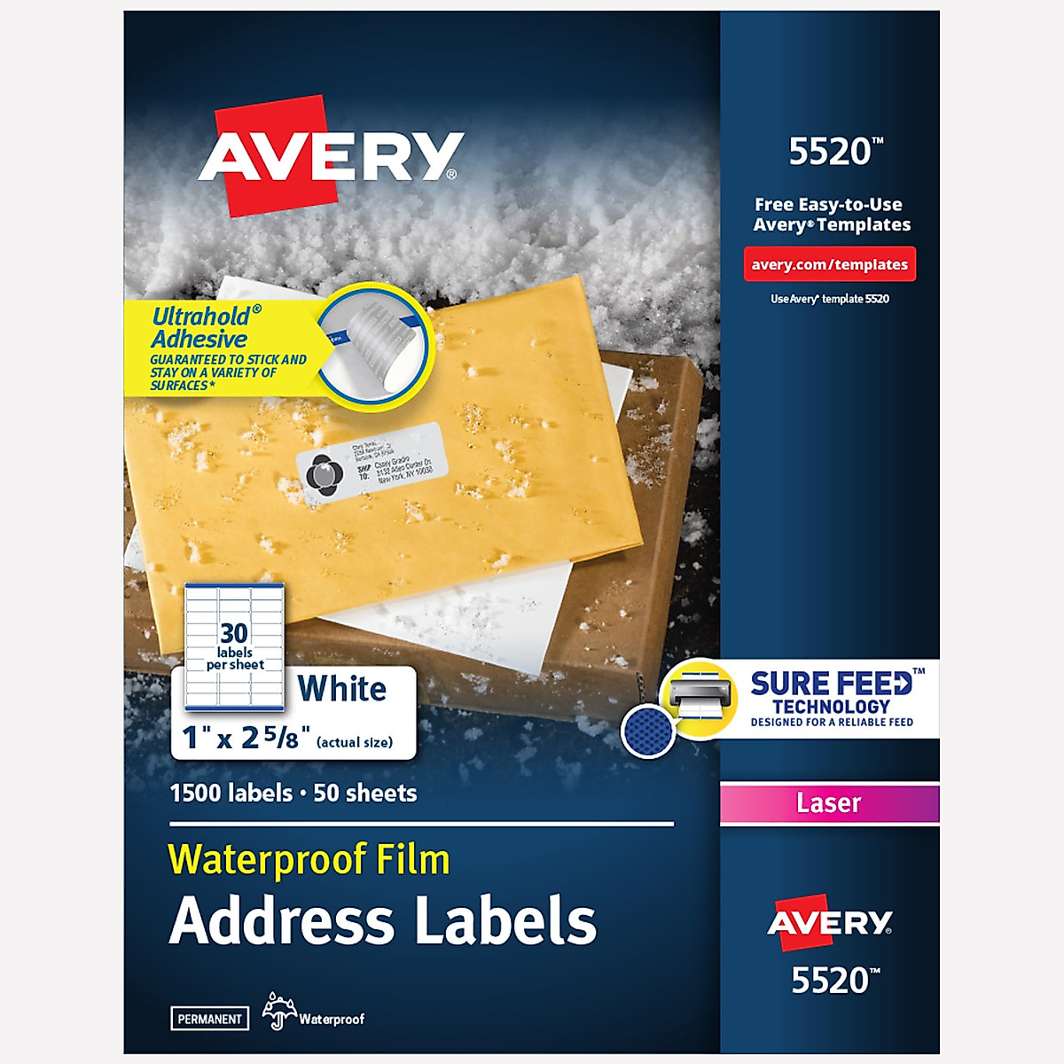 Avery Waterproof Address Labels with Sure Feed & TrueBlock 1" x 2-5/8", 1,500 White Laser Labels (5520)