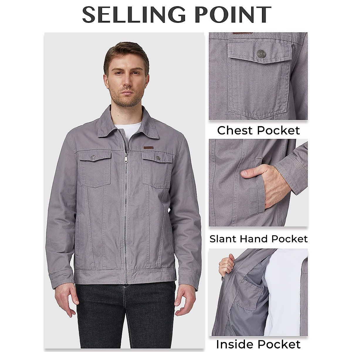 WenVen Men's Casual Canvas Cotton Military Utility Jacket (Light Grey,2XL)