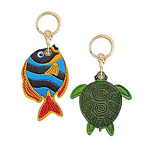 2 Pack Leather Airtag Keychain Case Holder, Cute Kawaii Accessories Suitable for Airtag (Fish-Turtle)