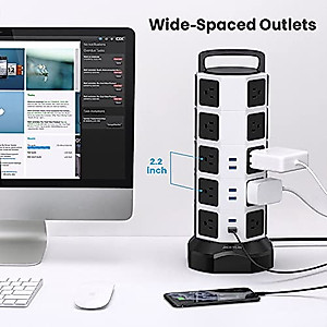 Power Strip Tower Surge Protector 1050J, JACKYLED 20 AC Outlets 6 USB Ports, 3000W 13A Desktop Electrical Charging Station, 6.5ft Heavy Duty Extension Cord, for Home, Office, Garage, White Black