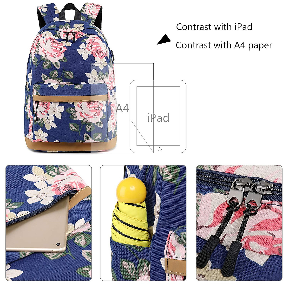 Forestfish Laptop Backpacks With USB Charging Port, Large Capacity Lightweight Floral Printed College Bookbag Casual Daypack (Flower-Dark Blue)