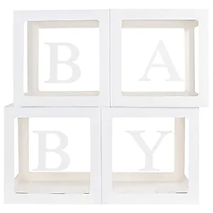 Keencopper Baby Boxes with 12 Letters for Baby Shower, Baby Shower Decorations for Boy Or Girl, 4 Pcs Transparent Balloon Boxes Clear Blocks for 1st Birthday, Gender Reveal Party Supplies Background