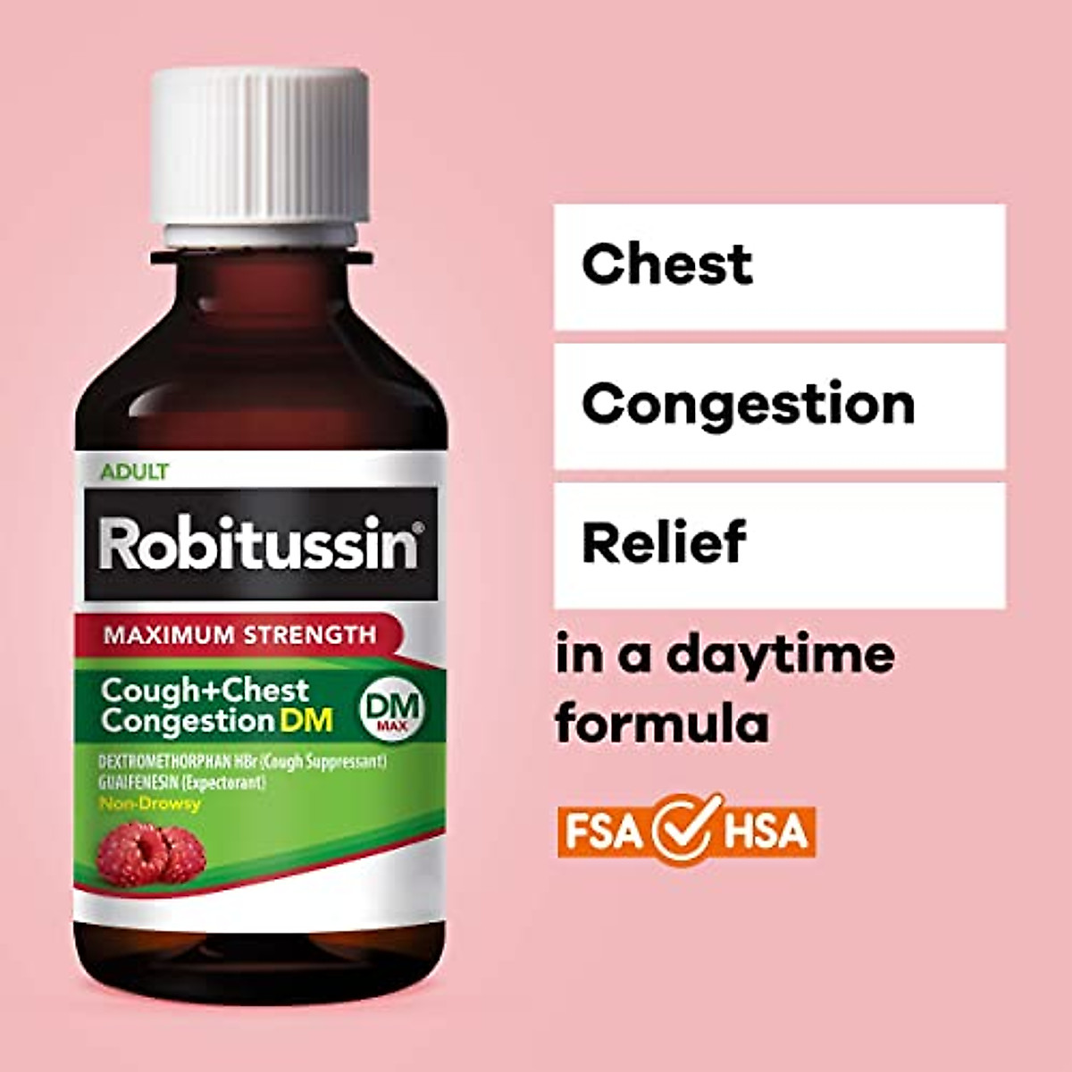Robitussin Adult Maximum Strength Cough + Chest Congestion DM Max (8 fl. oz. Bottle), Non-Drowsy Suppressant & Expectorant, Raspberry Flavor