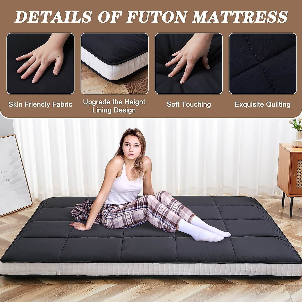 DoCred Full Size Futon Mattress, Extra Thick Foldable Japanese Floor Mattress Memory Foam Sleeping Pad for Adults - Roll Up Mattress Tatami Mat Folding Sleeping Pad Breathable Floor Lounger Guest Bed
