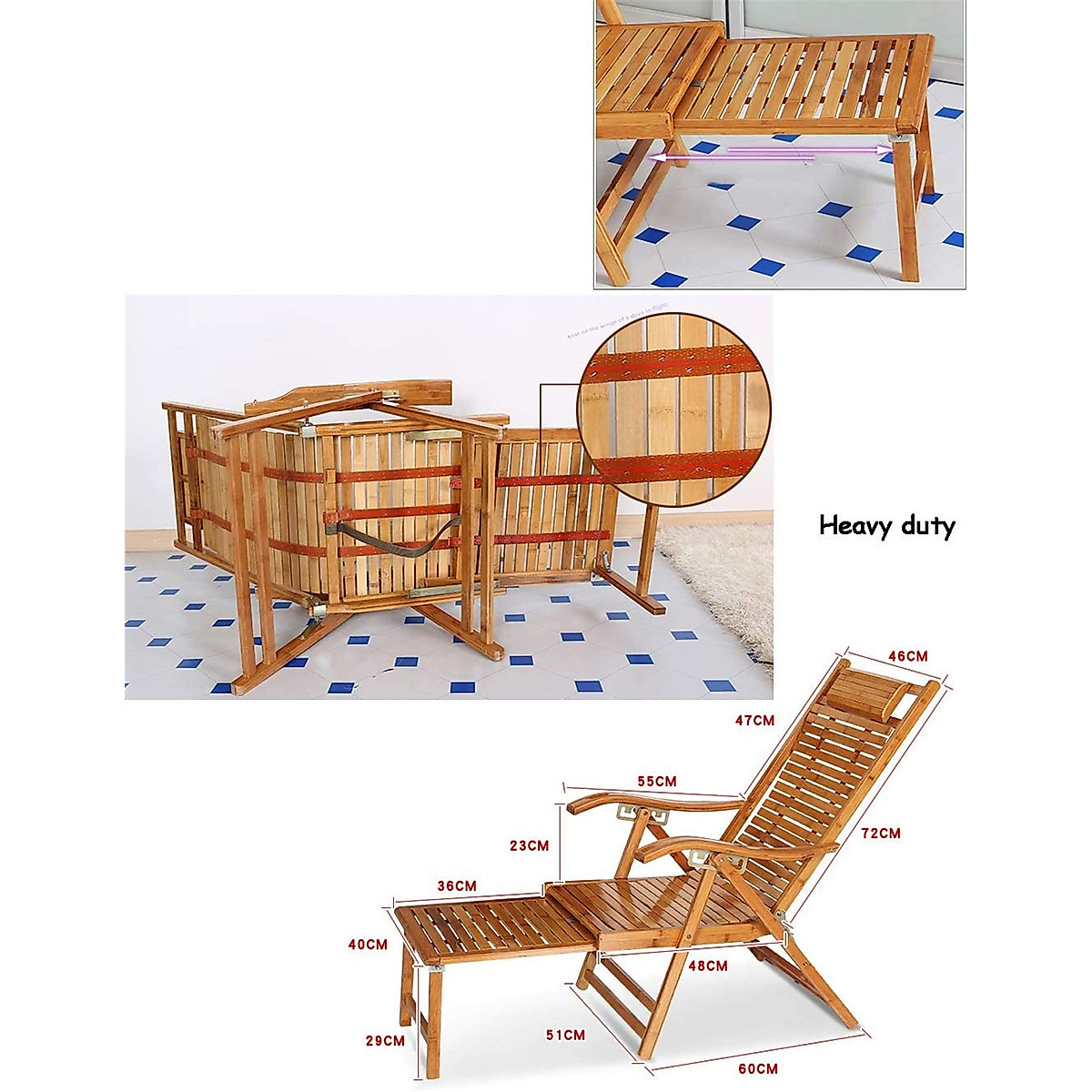 Lounge Chair, Lightweight Lounge Chairs Folding Reclining Garden Deck Chair Sun Lounger Zero Chair Bamboo Backrest Beach Chairs Sun Bed Recliner with Brown Padded Adjustable Footrest Max.200kg