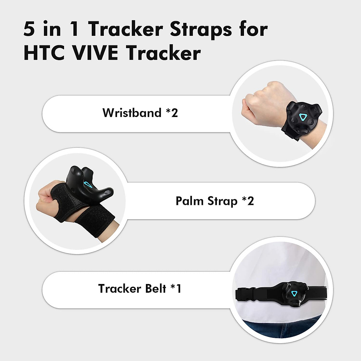 AMVR 5-Pcs Full Body Straps for HTC Vive VR Tracker/Tracker(3.0) - Adjustable Waist Belts, Wrist Band Accessories (Tracker Sold Separately)