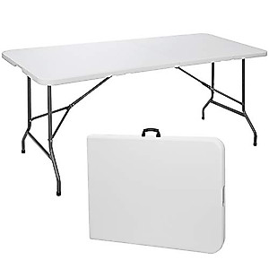 SUPER DEAL 6FT Folding Picnic Table for Outdoor, Portable Fold-in-Half Plastic Dining Picnic Party Table with Carrying Handle