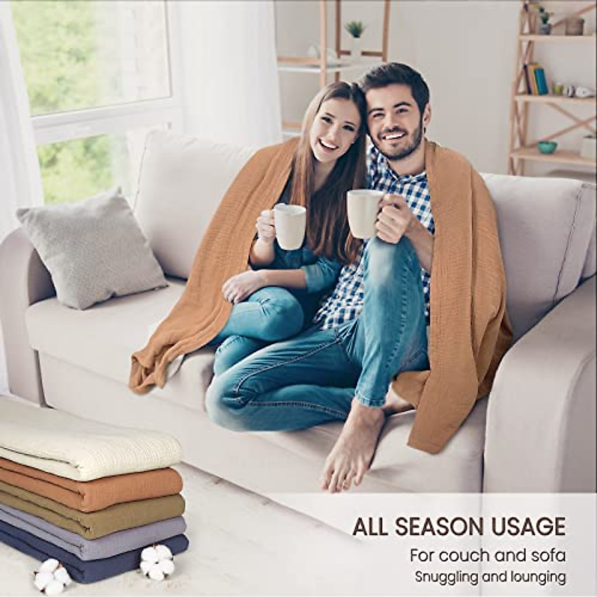 Lulu moon Muslin Blankets for Adults 55”x75” - Kids Couch Throw Blanket for Boys - Light Weighted Organic Muslin Quilt for Sofa and Bed (Caramel)