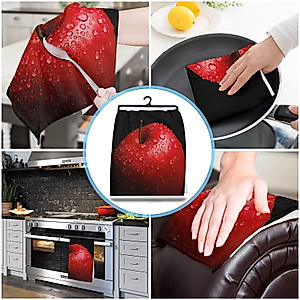 Gredice Red Apples with Water Drops Kitchen Cloth Dish Towel 18x28in Pack of 4,Super Soft Absorbent Tea Towels Hand Towel Close-up Fruit Art on Black Cleaning Dish Cloths for Drying Dishes