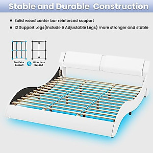 DICTAC King Size Bed Frame with LED Lights Modern King Led Bed Frame with Upholstered Headboard Faux Leather Low Profile Platform Bed Frame Wave Like Curve Bed Frame,No Box Spring Needed,White