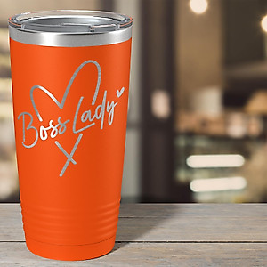 Boss Lady Big Heart Tumbler Birthday Gifts for Women, Coworker, Boss on Orange 20 oz Stainless Steel Insulated Cup with Lid - Travel Mug for Mom