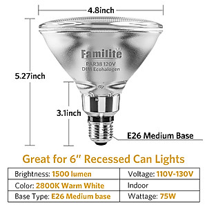 Familite PAR38 Halogen Flood Light Bulbs 75W 1000LM Dimmable Warm White for Reptiles Heating and 6” Recessed Cans Flood Lighting Indoor Outdoor, 4pcs Packed