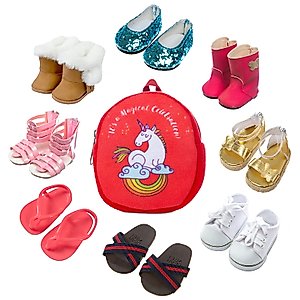 BDDOLL 9 Sets 18 Inch Doll Shoes Accessories fit 18 Inch Girl Doll and Other 18 Inch Doll Including 8 Pairs Shoes with Unicorn Backpack