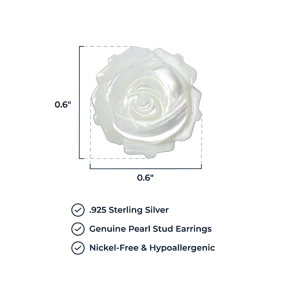 MORGAN & PAIGE Carved Mother of Pearl Rose Earrings, Handcrafted Rose Stud Earrings, Rhodium Plated Sterling Silver Mother of Pearl Earrings, Jewelry Gifts for Women