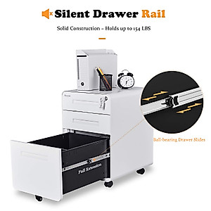 Bonnlo 23.8" H 3 Drawer Rolling File Cabinet with Lock, Mobile File Cabinet Under Desk with Pencil Tray, White Locking File Cabinet for Home Office, Metal Filing Cabinet Printer Stand Fully Assembled