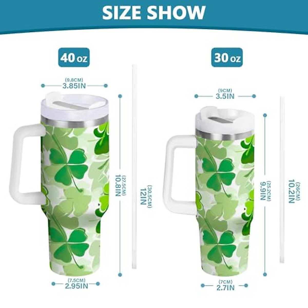 RPLIFE Green Clovers 40 Oz Tumbler, Stainless Water Bottle, Insulated Cups with Lids