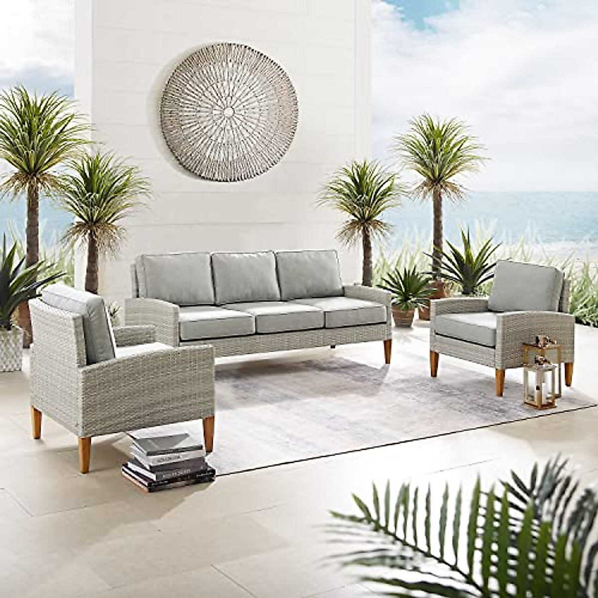 Crosley Furniture Capella 3-Piece Outdoor Sofa Patio Furniture Set, Wicker Conversation Sets for Porch, Acorn with Gray Cushions