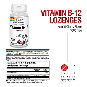 SOLARAY Vitamin B-12 5000mcg Lozenges | Natural Cherry Flavor | Healthy Energy & Nerve Function Support | 30ct