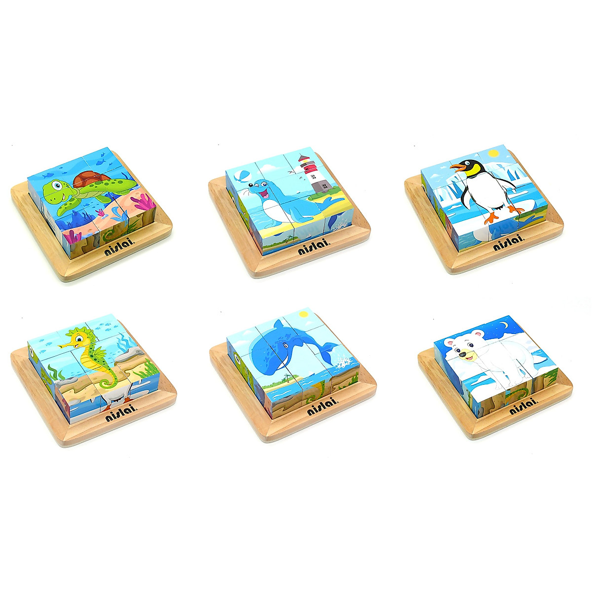 Nislai Wooden Block Puzzle | Wood Puzzle for Kids for 2 3 4 Years | 3D Aquatic Animal Sea Theme Toddler Jigsaw Pegged Puzzle | Montessori Preschool Educational Toy | 17x17cm (6.7"x6.7")
