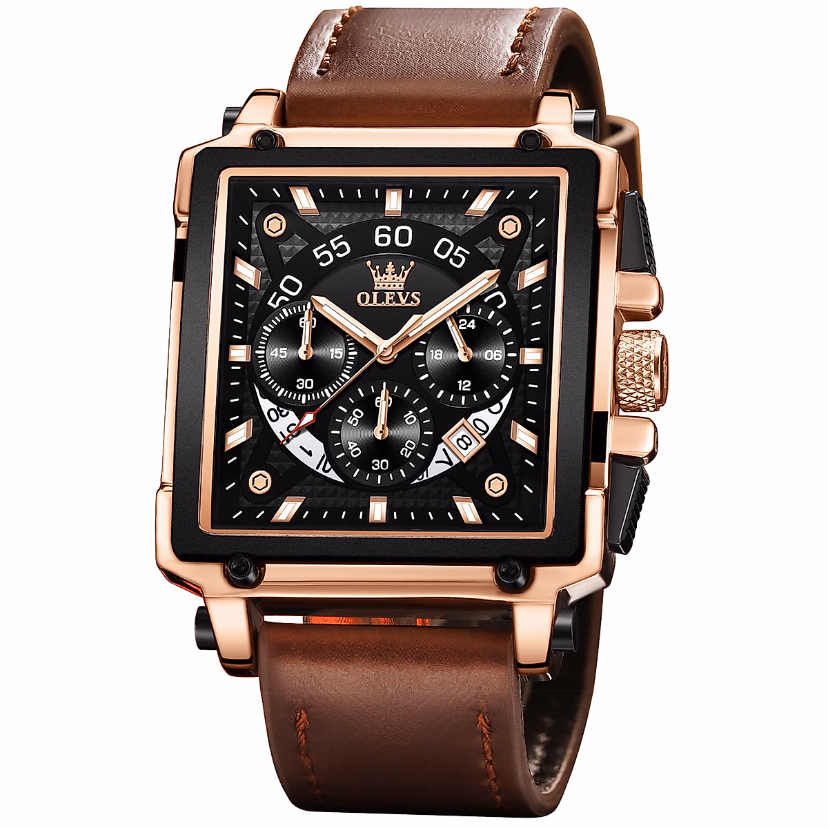 OLEVS Square Watches for Men Brown Leather Chronograph Fashion Business Watch Luminous Waterproof Casual Wrist Watches