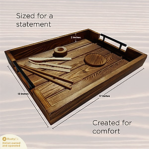 RustyEx Pine Wood Serving Tray - Metal Handles Rectangular Breakfast Tray 17x13x2 inches with Extra Bamboo Cutlery Sets, Rustic Coasters, Elegant Napkin Holders Good for Eating, Working, Storing