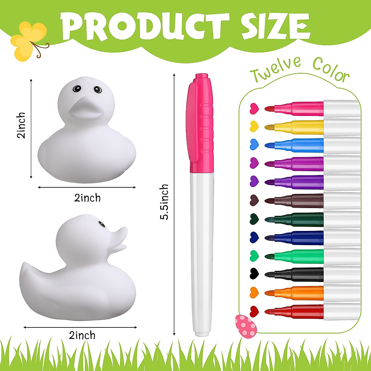 Jerify 12 Pcs 2 Inch White Blank Rubber Ducks Creative Rubber Ducks with Pens of 12 Colors for Pool Bathtub Float Cute Ducks DIY Ducks Birthday Gifts Baby Party Favors Accessories for Kids