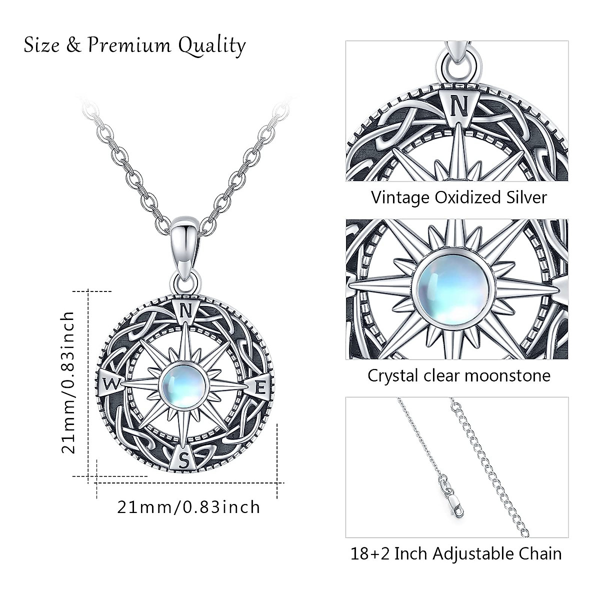 TUGHRA Graduation Necklace Sterling Silver Compass Necklaces for Women Men Celtic Moonstone Pendant Necklace Inspirational Jewelry Gifts for Women Friendship Talisman Gifts for Her Him