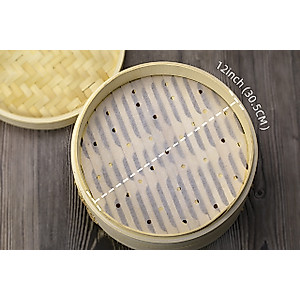 YUHO Bamboo Steamer Basket 12-inch, 2-Tier Steamer for Cooking, 10 Liners, Steaming Asian Food, Bao Buns, Chinese, Dim Sum, Dumpling, Rice, Vegetable Steam Pot