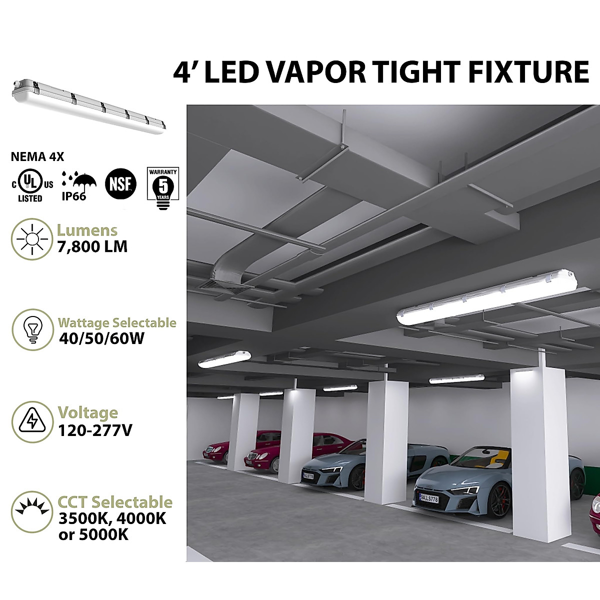 WareLight 4FT LED Vapor Tight Fixture, 7800 Lumen Max, CCT and Wattage Selectable, 120-277V