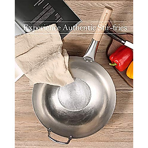 Bielmeier 14 Inch Carbon Steel Wok with Wok Ring,Woks and Stir Fry Pans with Sponge, Round Bottom Wok pan for Home and Professional Cooking…