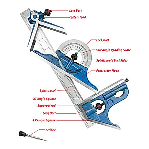 4PCS 12 Inch Combination Square Ruler Set Protractor Satin, 4-R Graduation, Ideal for Woodworking Metalworking Cabinets Joinery Steel Iron Case