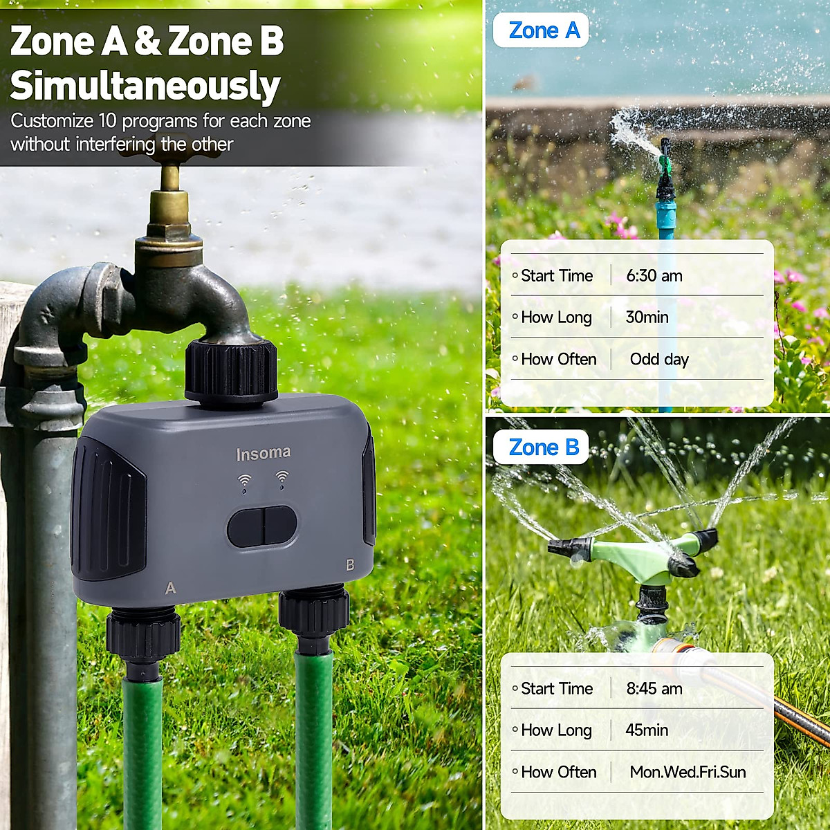 WiFi Sprinkler Timer, Insoma Smart Water Timer for Garden Hose, Automatic Irrigation System with WiFi Hub, Up to 20 Watering Plans, APP Control, Work with Alexa and Google Assistant, 2 Outlets