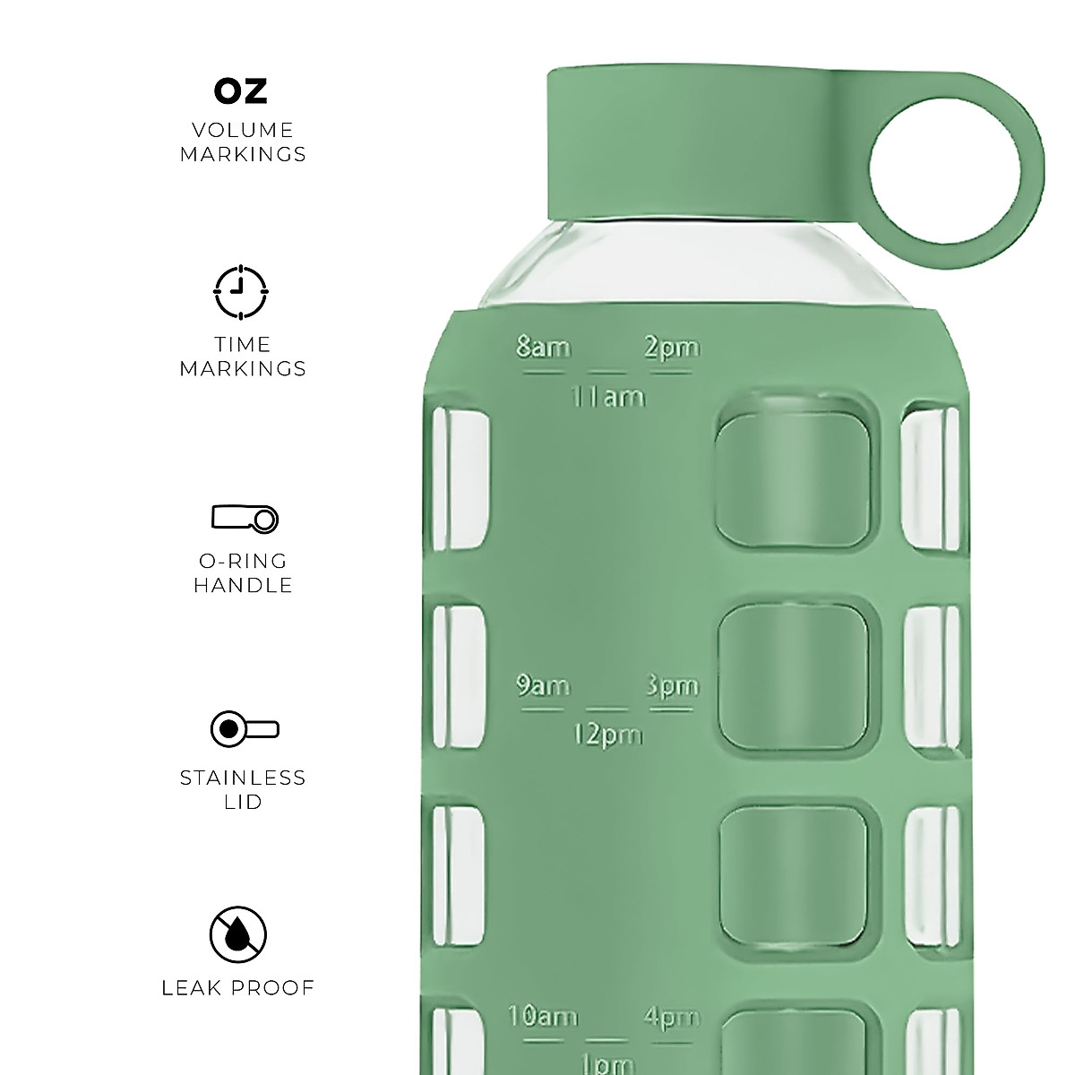 purifyou Premium 40/32 / 22/12 oz Glass Water Bottles with Volume & Times to Drink, Silicone Sleeve & Stainless Steel Lid Insert, Reusable Bottle for Fridge Water, Milk, Juice (22oz Shale Green)