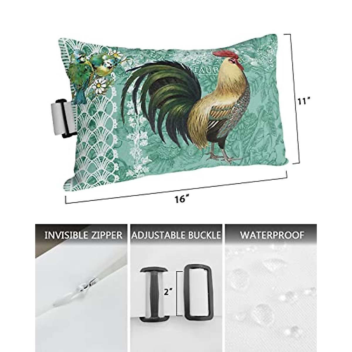 Recliner Head Pillow Ledge Loungers Chair Pillows with Insert Farmhouse Animal Rooster Retro Green Lumbar Pillow with Adjustable Strap Outdoor Waterproof Patio Pillows for Beach Pool, 2 PCS