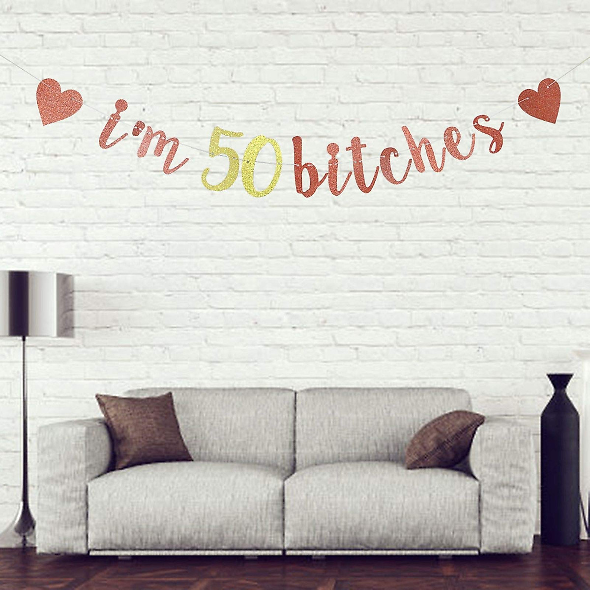 I'm 50 Bitches Banner, 50th Birthday Party Decor, Funny 50 Years Old Birthday Banner, Women's 50th Birthday Party Decorations (Rose Gold)
