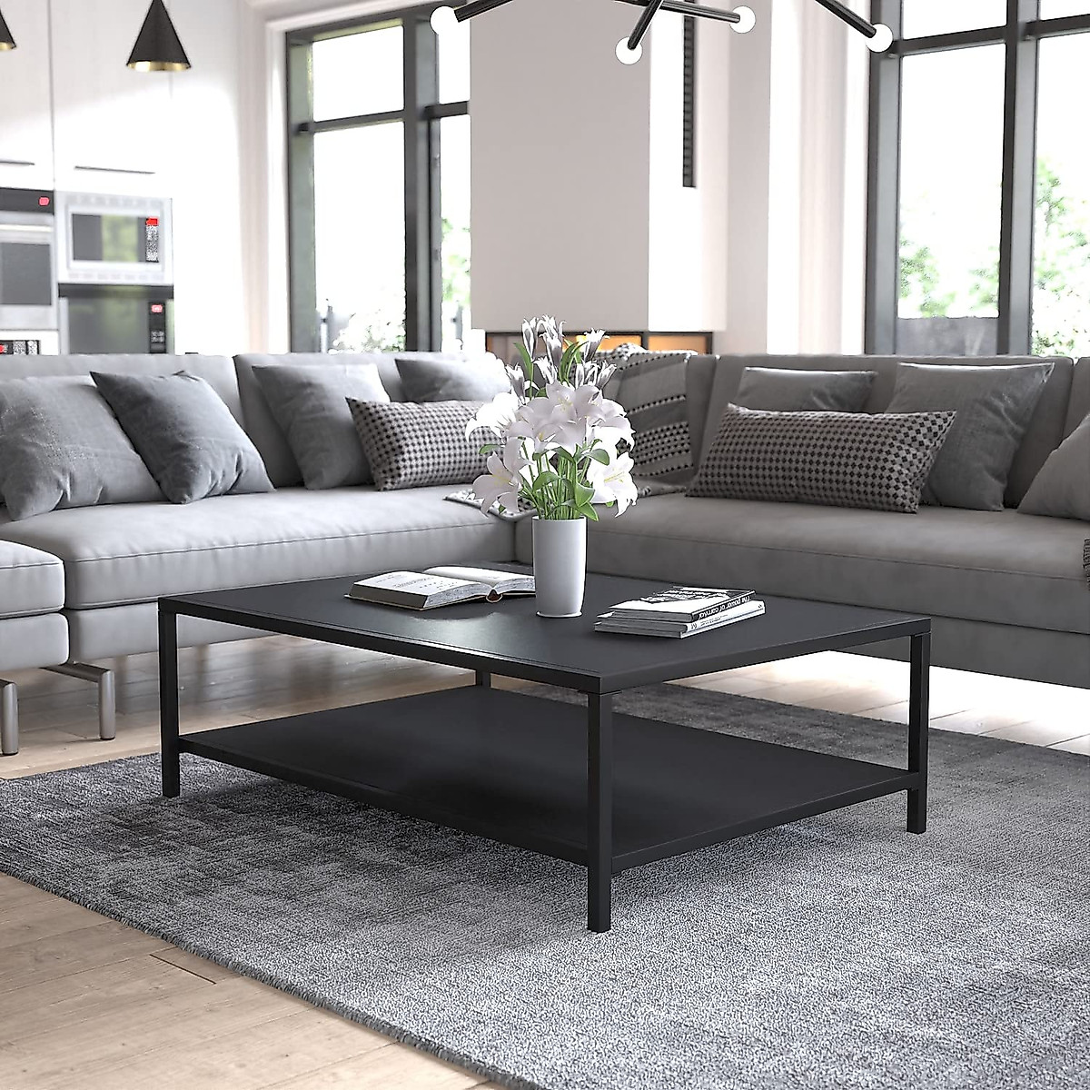 Flash Furniture Metal Indoor/Brock Outdoor Coffee Table with Lower Shelf - Black Steel Coffee Table for Business or Home Use - Modern Square Leg Frame